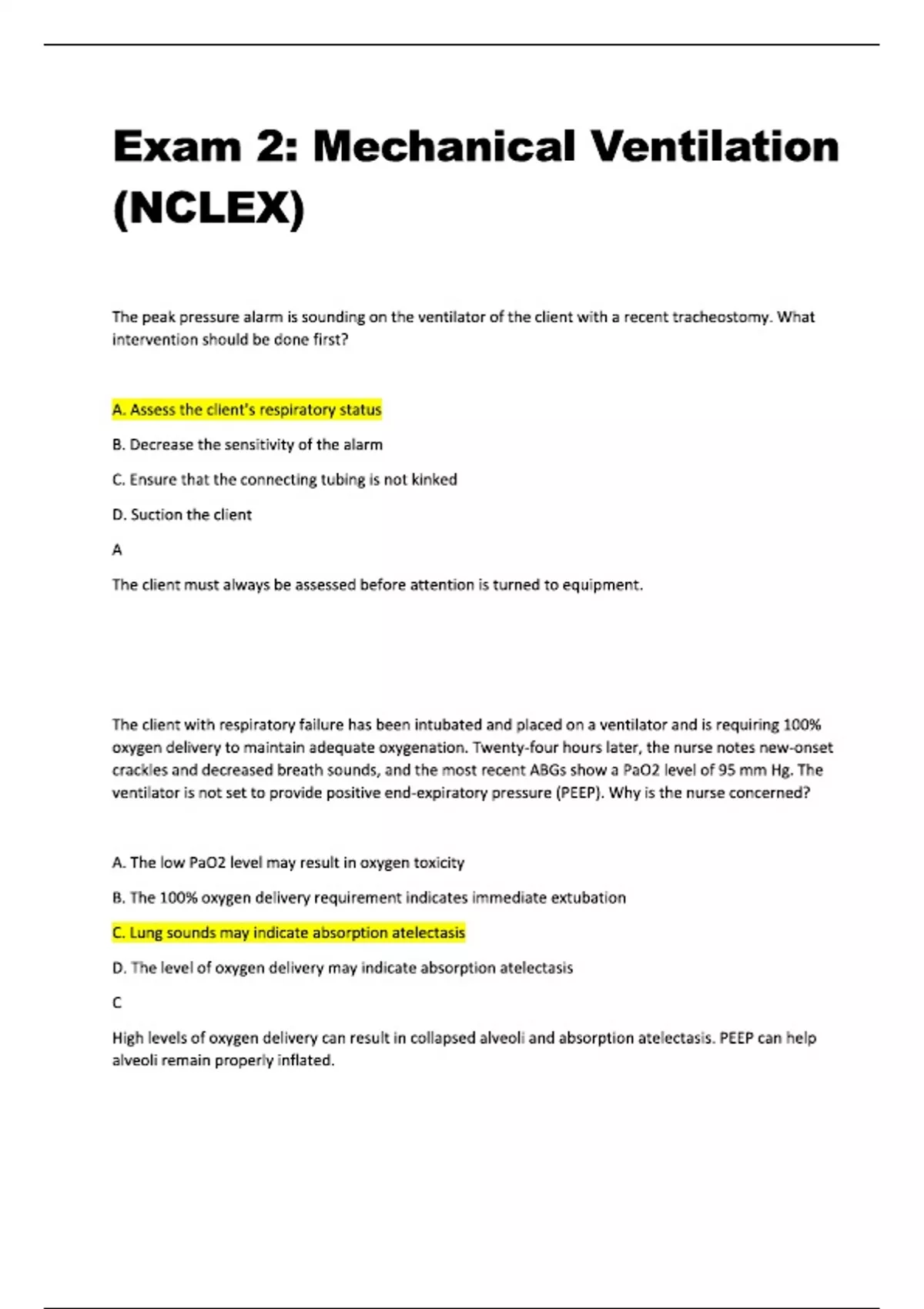 Exam 2; Mechanical Ventilation (NCLEX), (LATEST 2025 / 2026 UPDATE ...