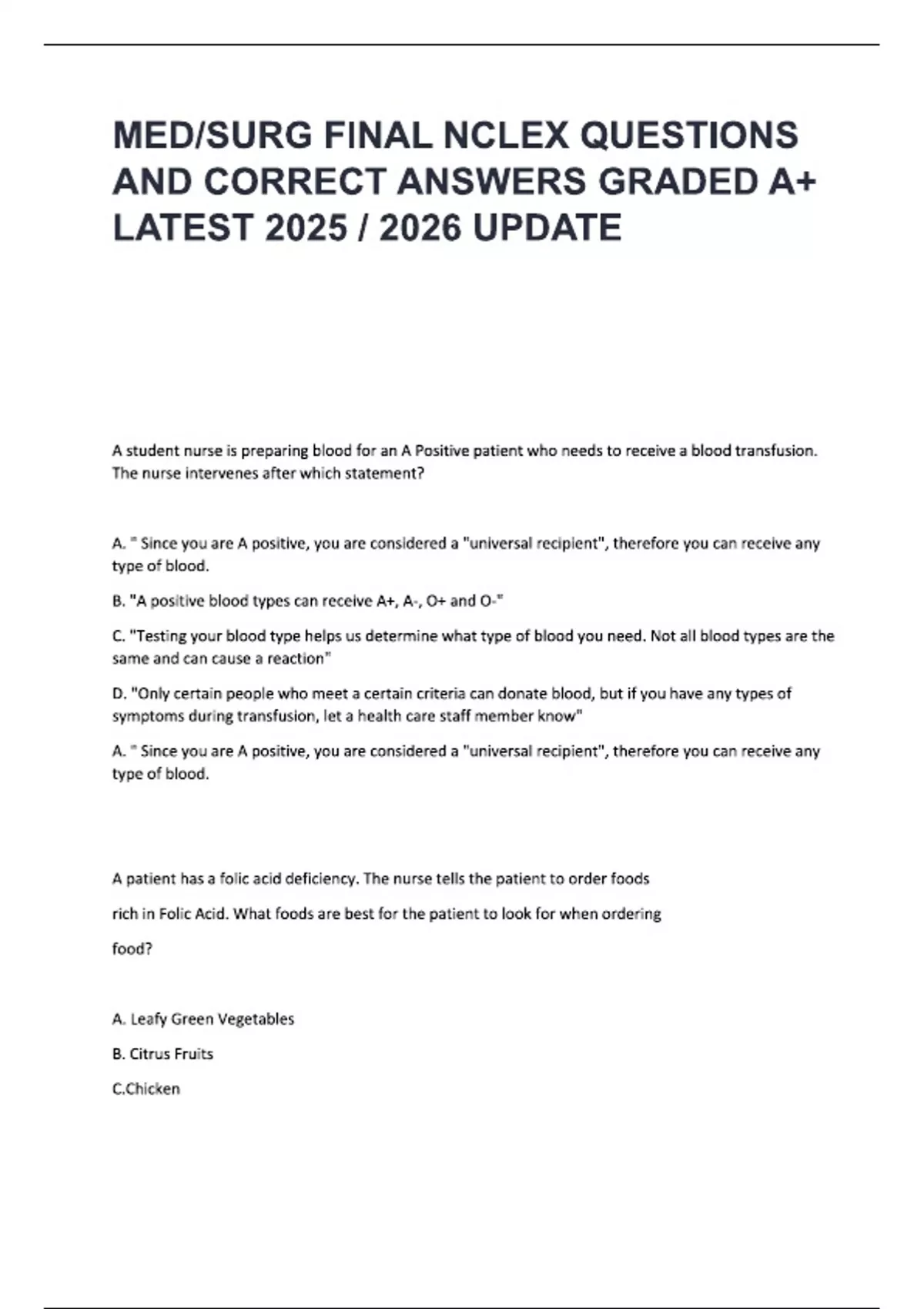 MED-SURG FINAL NCLEX, (LATEST 2025 / 2026 UPDATE), ACTUAL EXAM/TEST ...