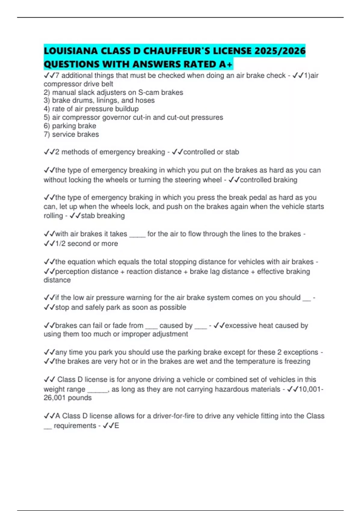 LOUISIANA CLASS D CHAUFFEUR'S LICENSE 2025/2026 QUESTIONS WITH ANSWERS ...