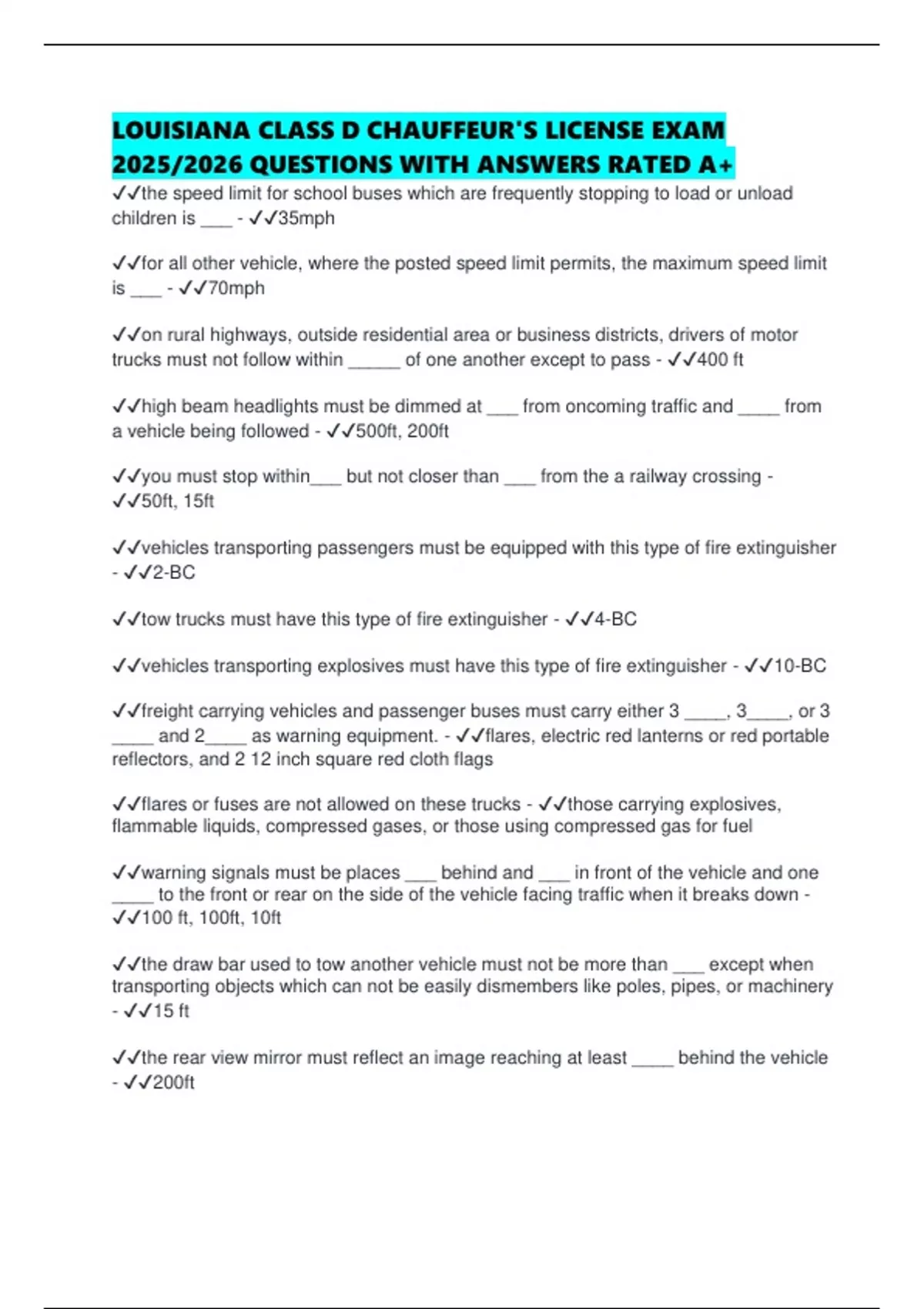 LOUISIANA CLASS D CHAUFFEUR'S LICENSE EXAM 2025/2026 QUESTIONS WITH ...