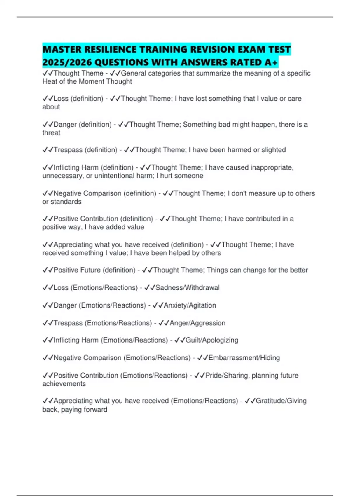 MASTER RESILIENCE TRAINING REVISION EXAM TEST 2025/2026 QUESTIONS WITH ...