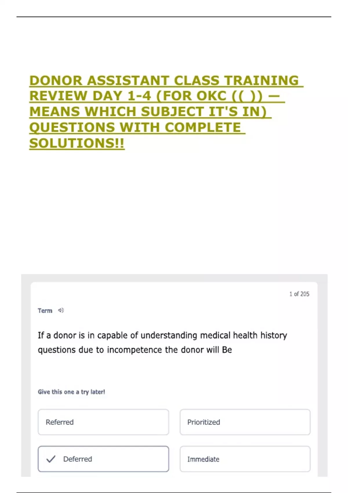 DONOR ASSISTANT CLASS TRAINING REVIEW DAY 1-4 (FOR OKC (( )) — MEANS ...