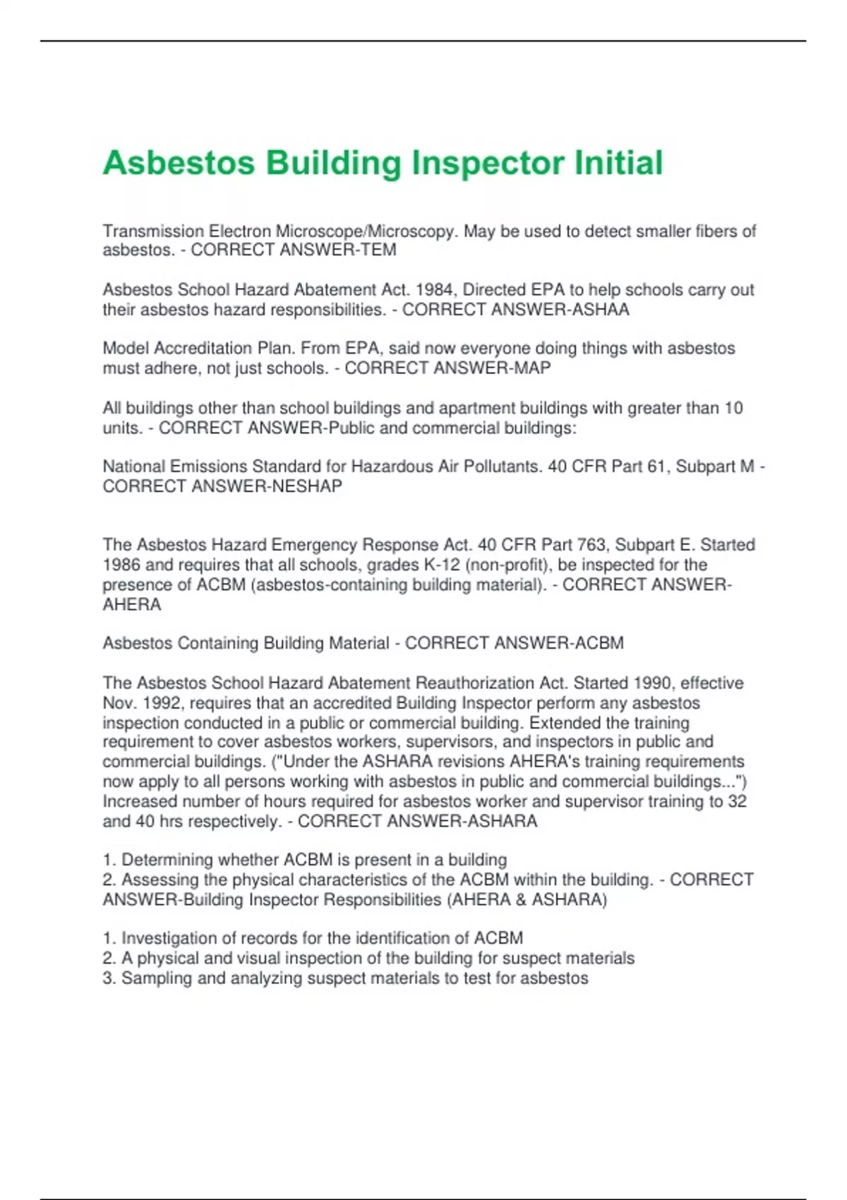 Asbestos Building Inspector Initial | Questions and Answers | 2025 ...