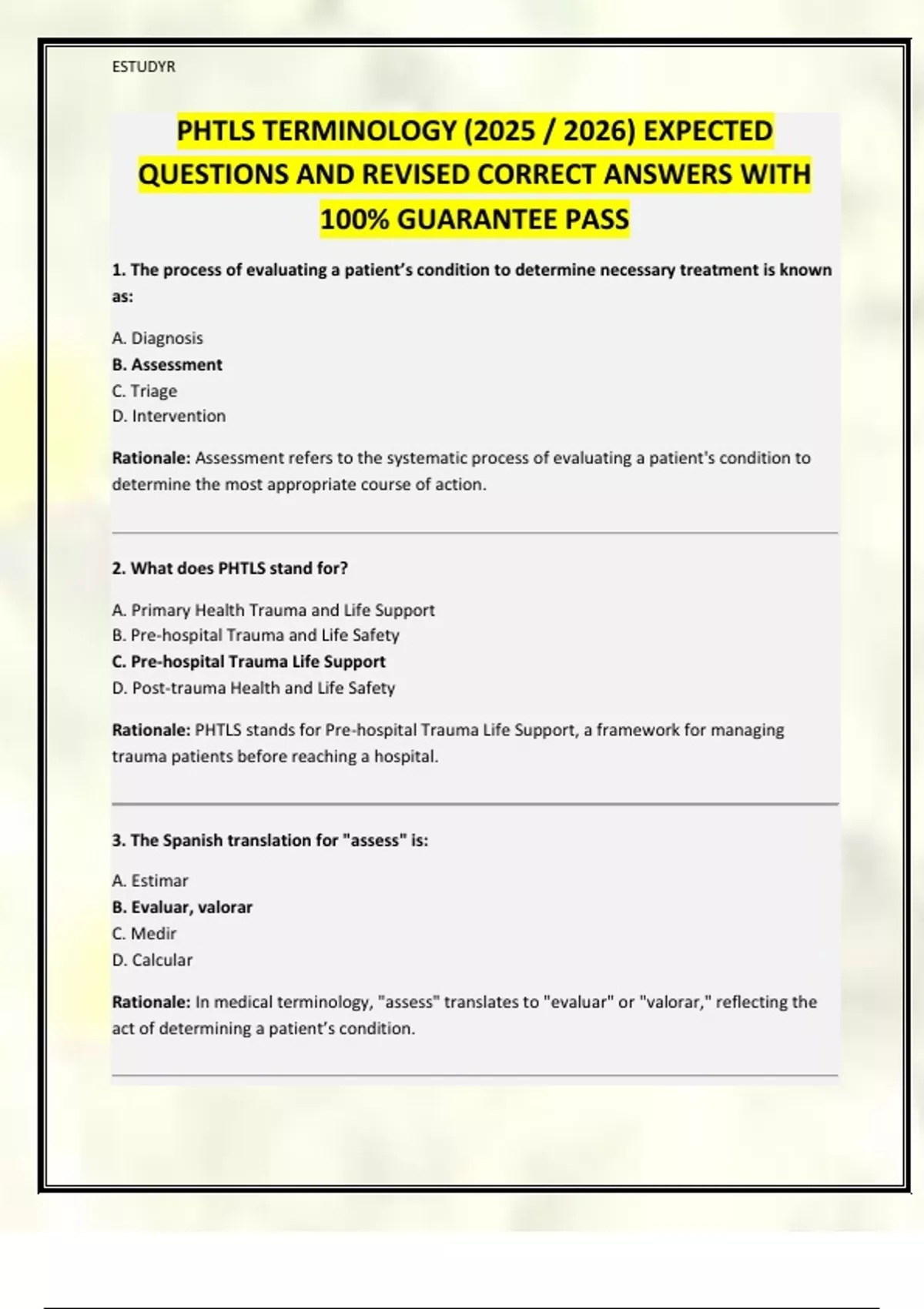 PHTLS TERMINOLOGY (2025 / 2026) EXPECTED QUESTIONS AND REVISED CORRECT ...