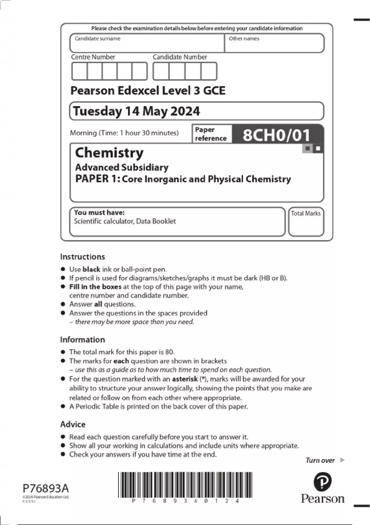 2024 GCE Pearson Edexcel Level Chemistry Advanced Subsidiary PAPER 1 ...