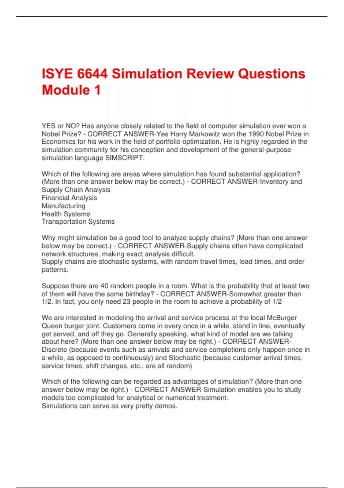 ISYE 6644 Simulation Review Questions Module 1 | Questions and Answers ...