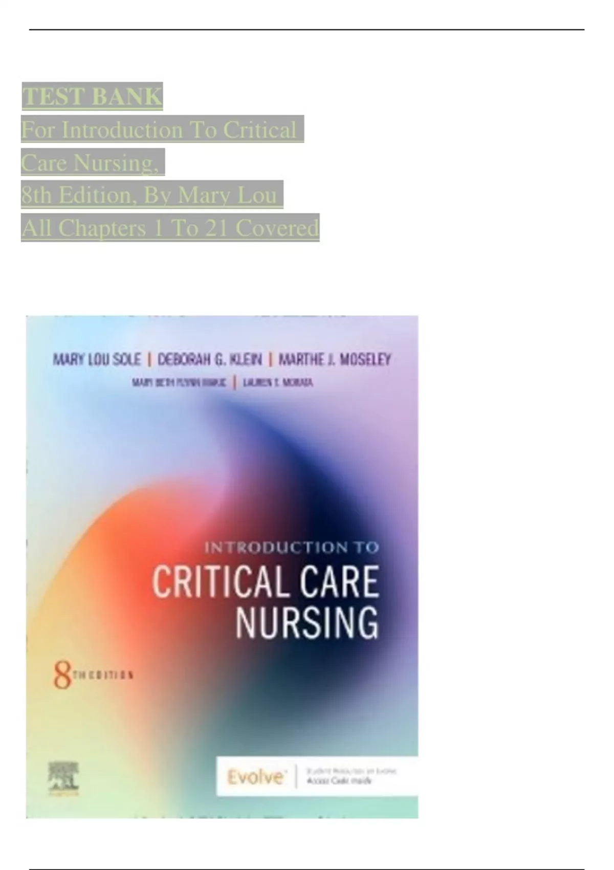 Test Bank For Introduction To Critical Care Nursing 8th Edition By Mary ...