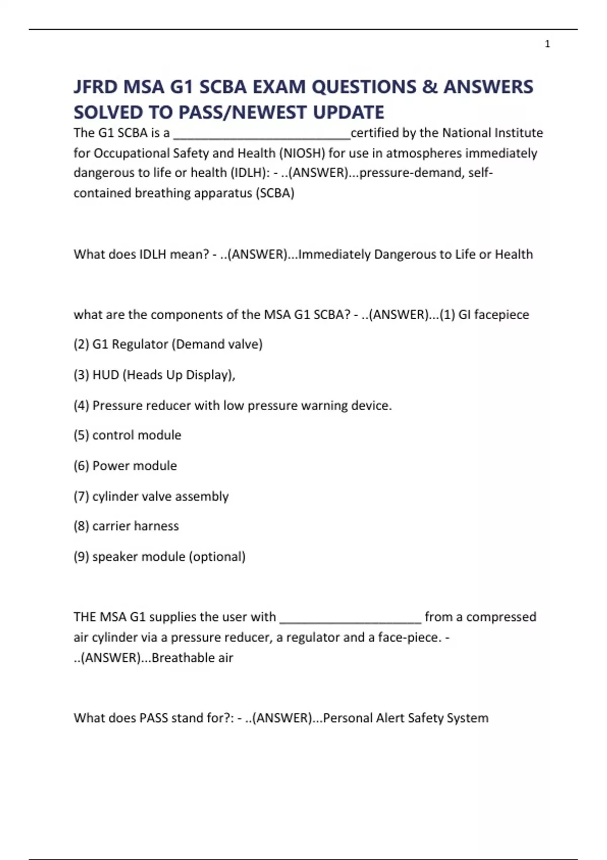 JFRD MSA G1 SCBA EXAM QUESTIONS & ANSWERS SOLVED TO PASS/NEWEST UPDATE - JFRD MSA G1 SCBA ...