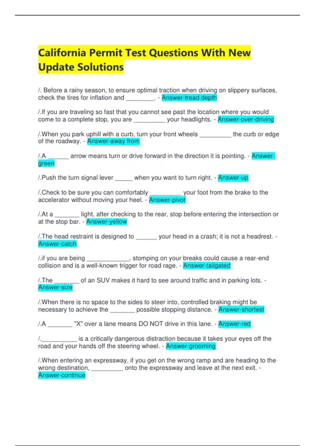 California Permit Test Questions With New Update Solutions - California ...