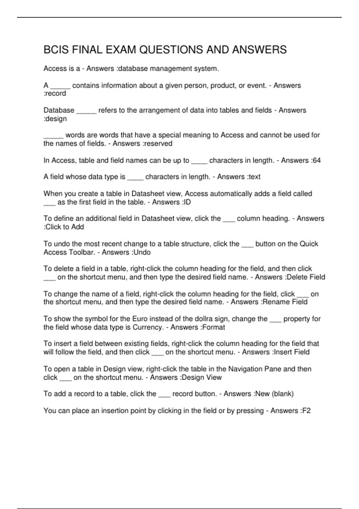 BCIS FINAL EXAM QUESTIONS AND ANSWERS - BCIS - Stuvia US