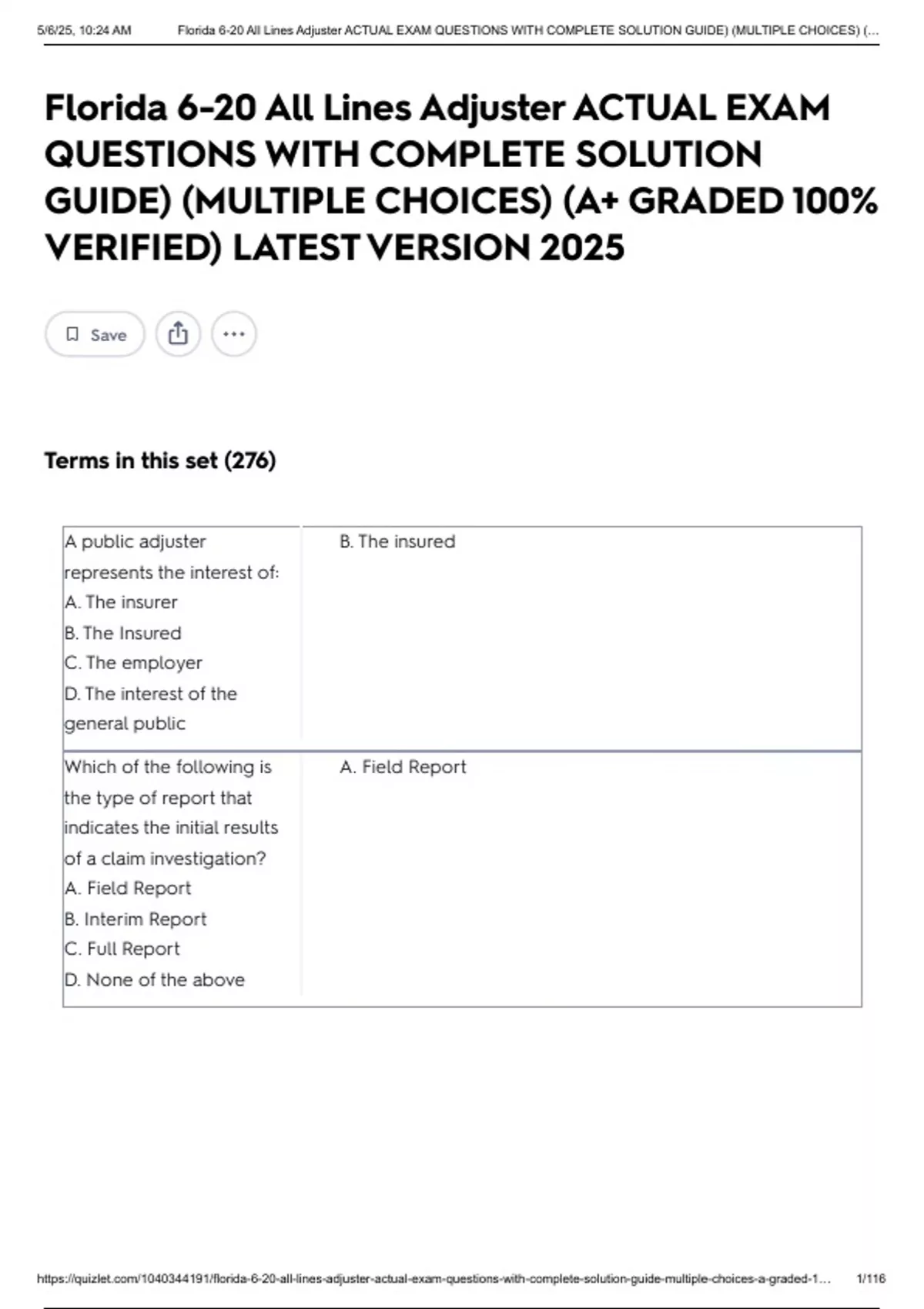 Florida 6-20 All Lines Adjuster ACTUAL EXAM QUESTIONS WITH COMPLETE ...