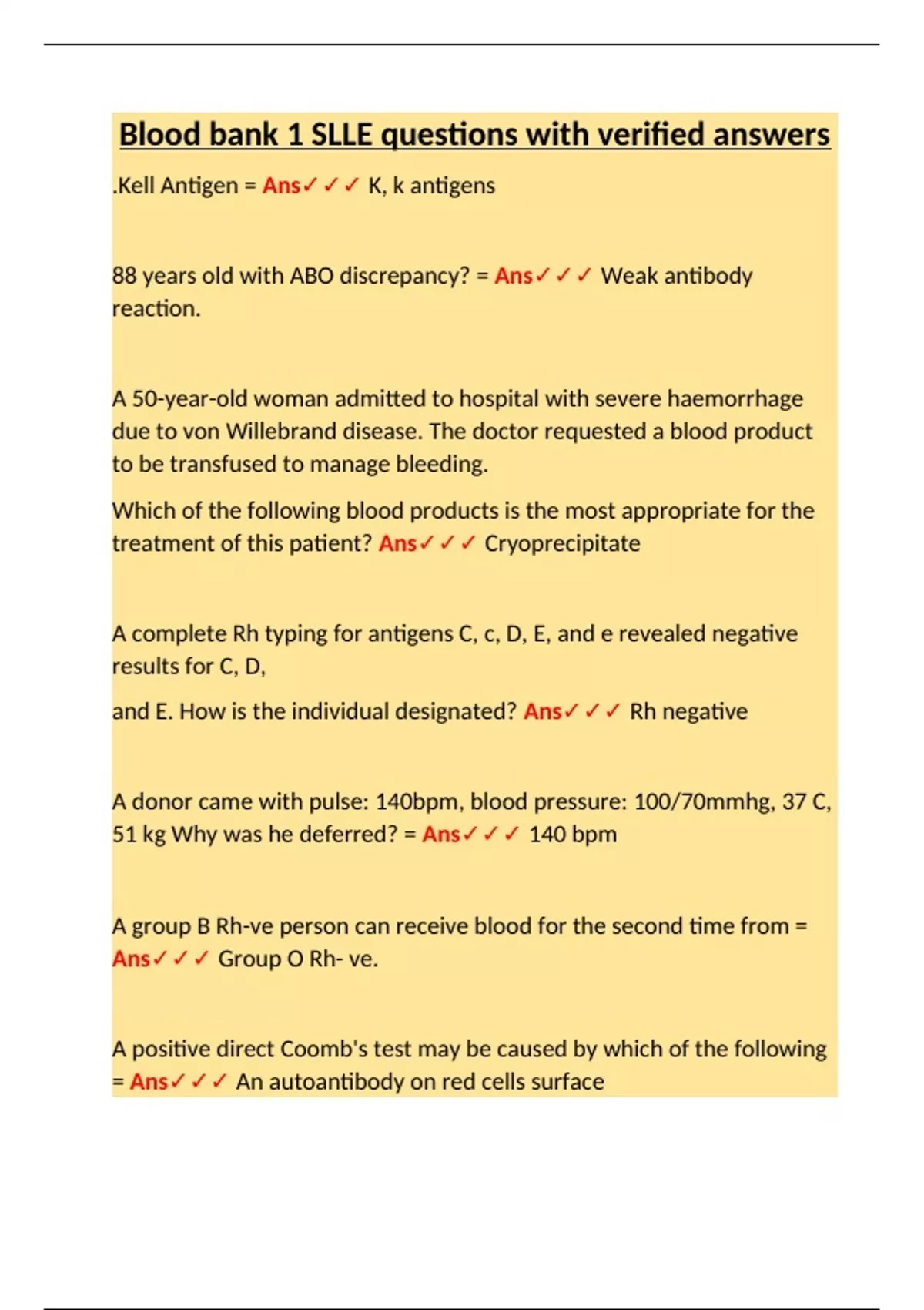 Blood Bank 1 SLLE Exam Questions with Verified Answers - Slle - Stuvia US