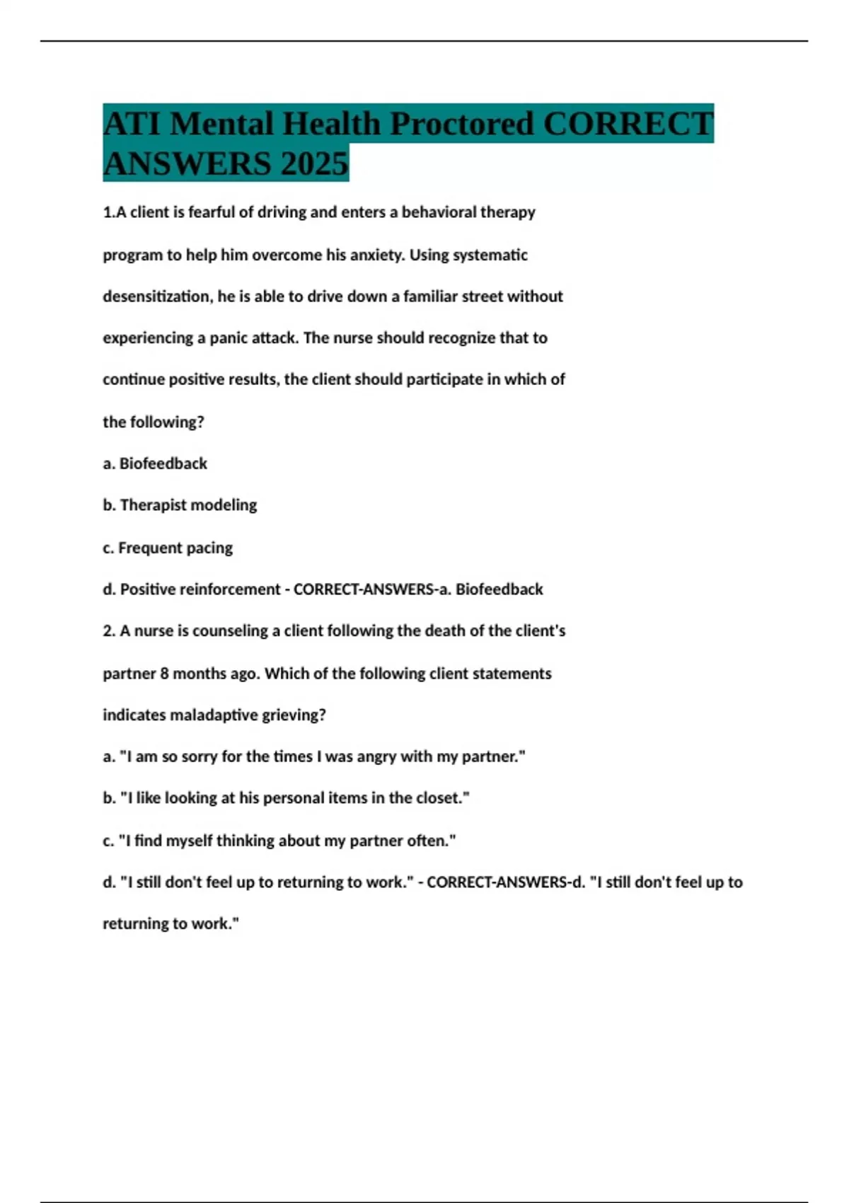ATI Mental Health Proctored CORRECT ANSWERS 2025 - Ati mental health ...