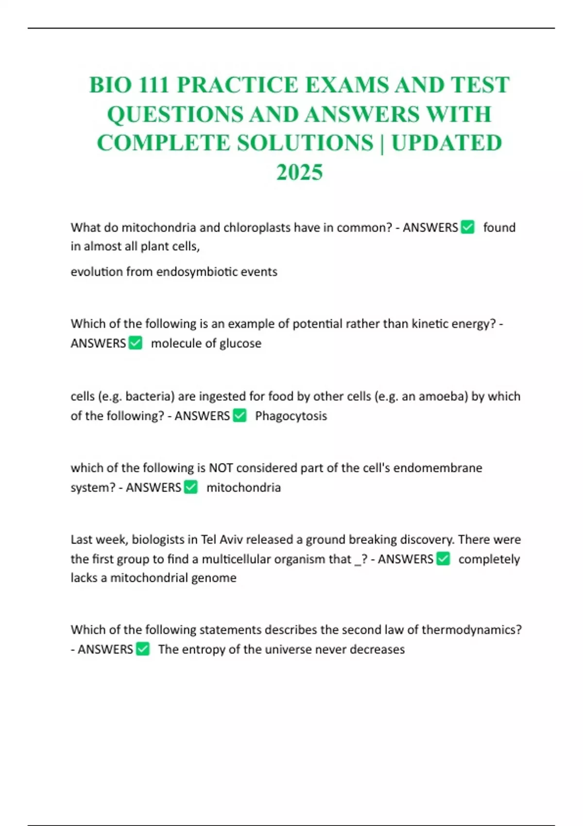 BIO 111 PRACTICE EXAMS AND TEST QUESTIONS AND ANSWERS WITH COMPLETE ...