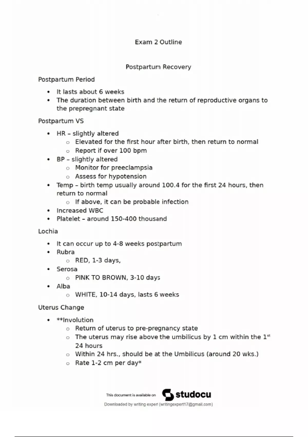 NUR 230 Galen College OB Exam 2 Outline – Postpartum Recovery & Newborn ...