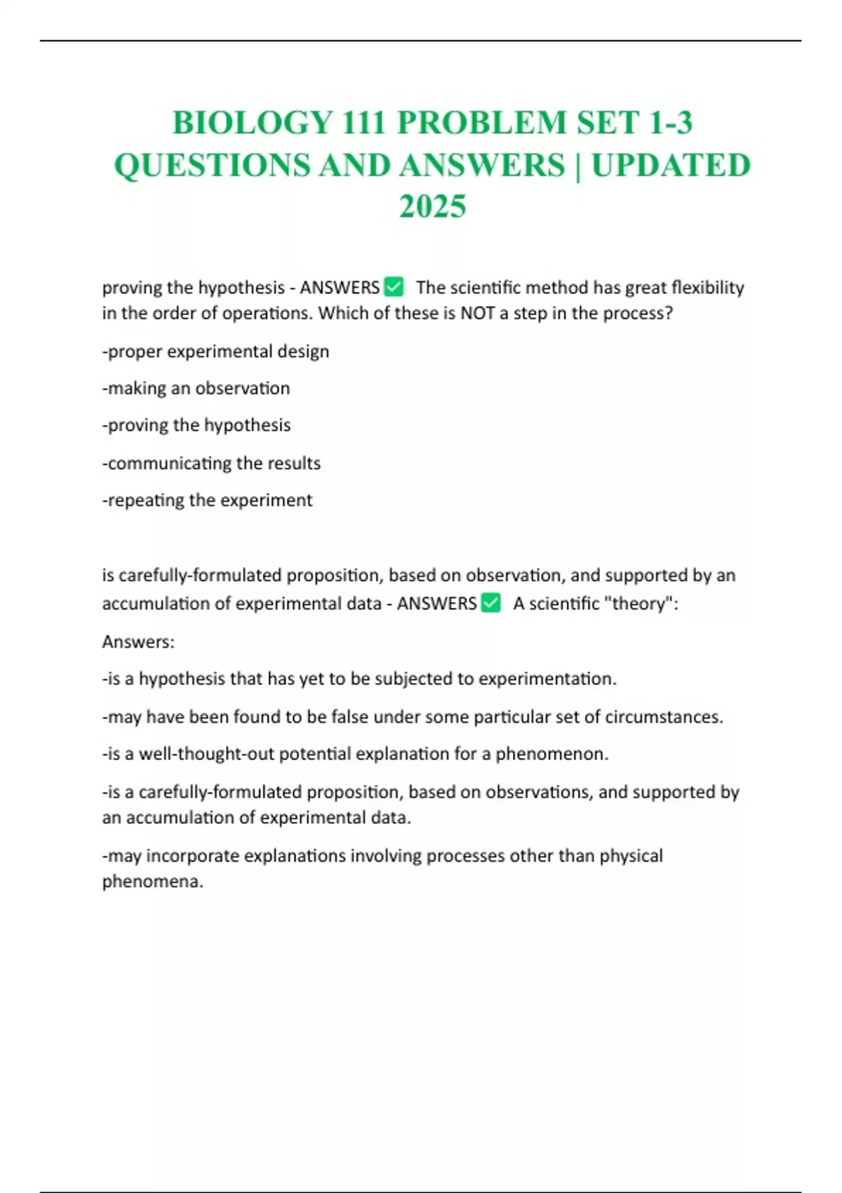 BIOLOGY 111 PROBLEM SET 1-3 QUESTIONS AND ANSWERS | UPDATED 2025 - Bio ...