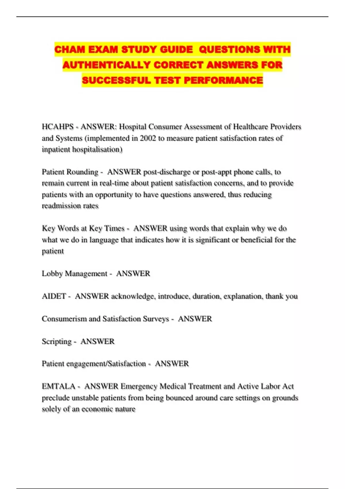 CHAM PACKAGED EXAMS WITH REALISTIC, VERIFIED PRACTICE QUESTIONS THAT ...