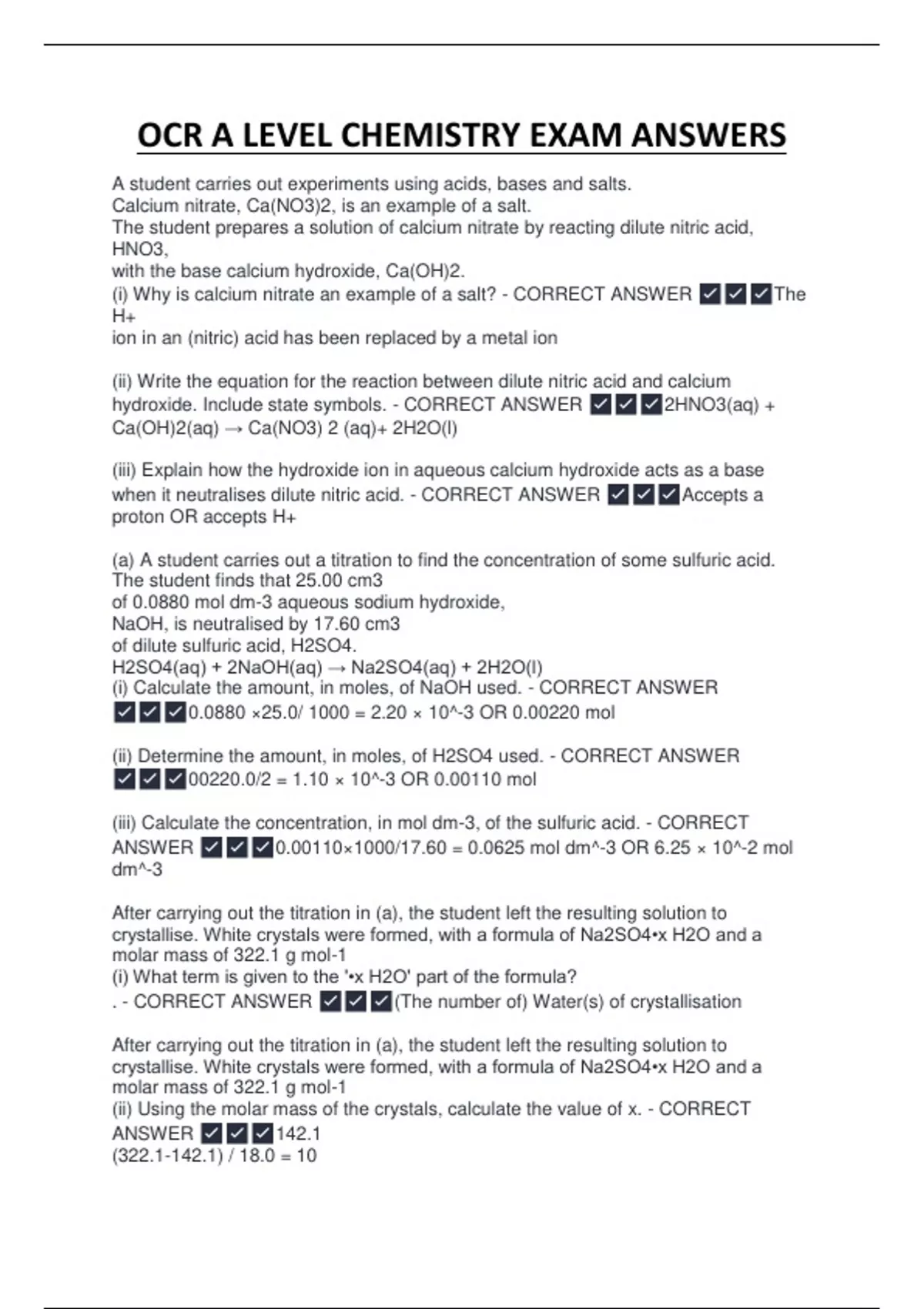 OCR A LEVEL CHEMISTRY EXAM QUESTION AND ANSWERS - Chemistry - Stuvia US