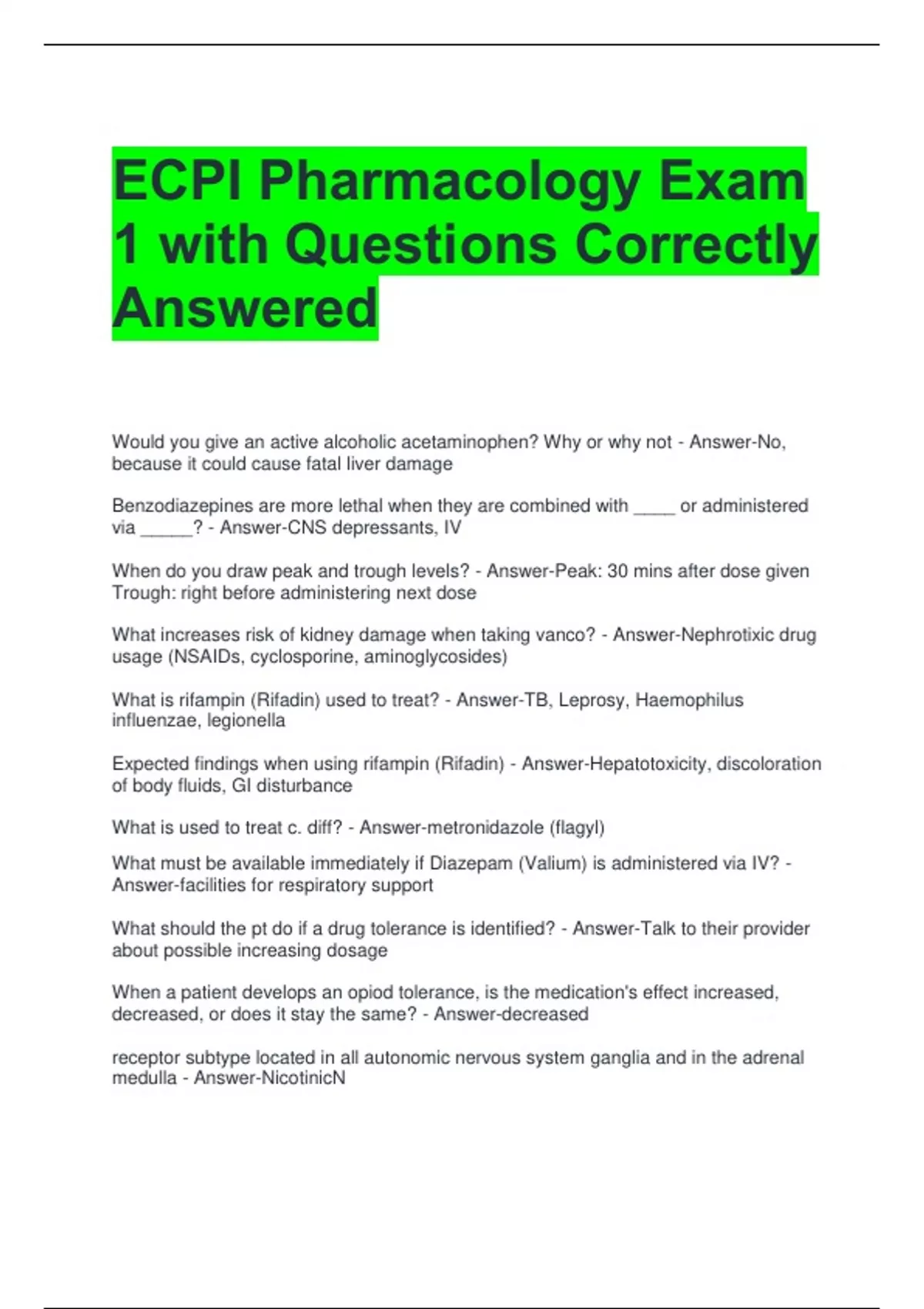 ECPI Pharmacology Exam 1 with Questions Correctly Answered - ECPI ...