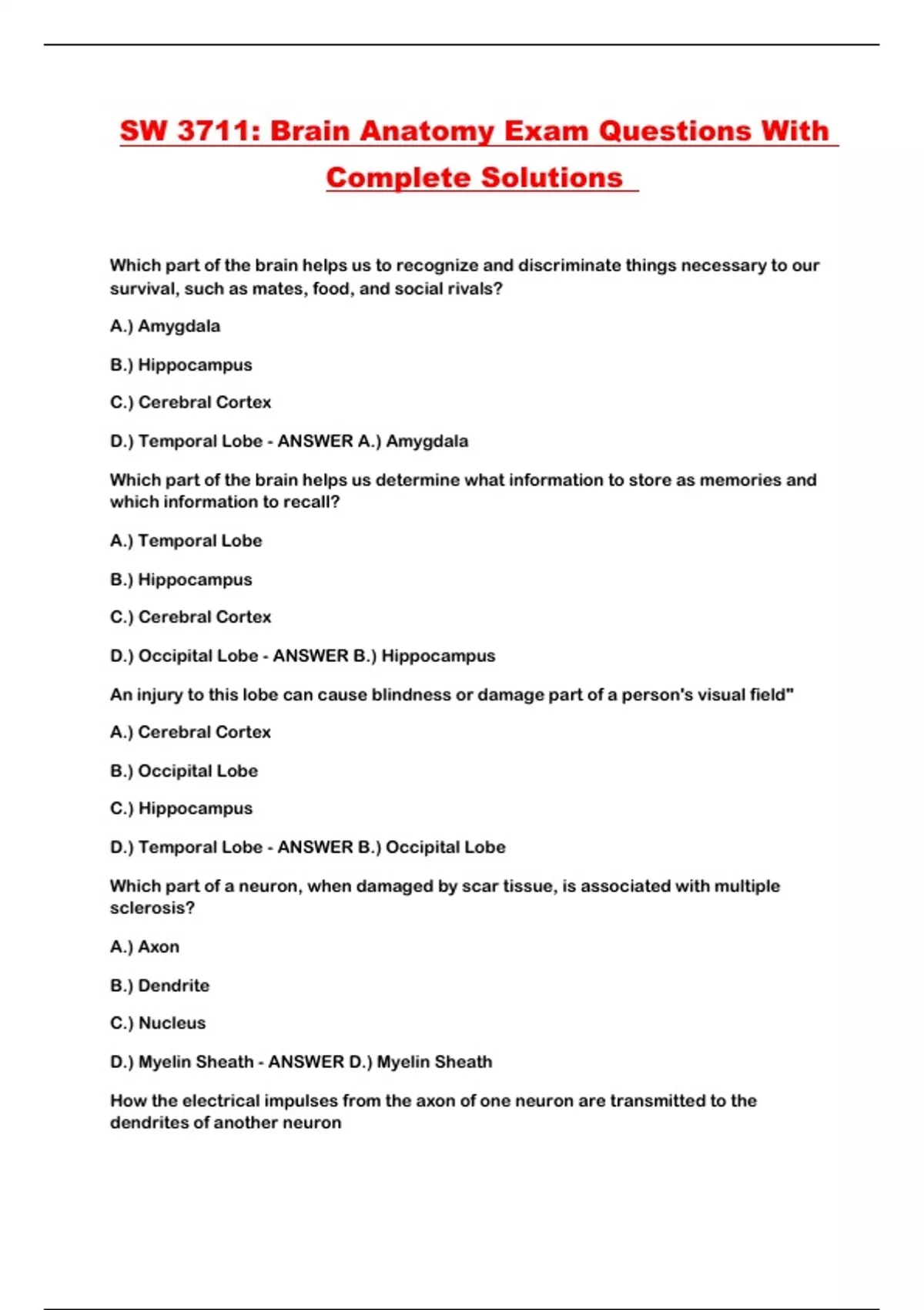 SW 3711: Brain Anatomy Exam Questions With Complete Solutions - SW 3711 ...