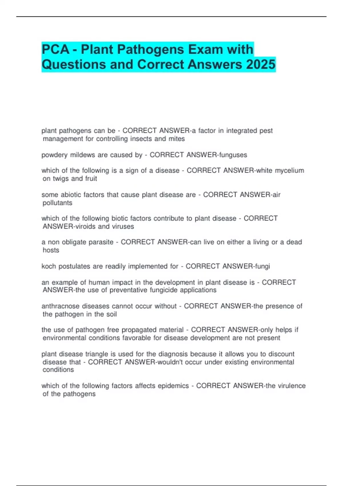 PCA - Plant Pathogens Exam with Questions and Correct Answers 2025 ...