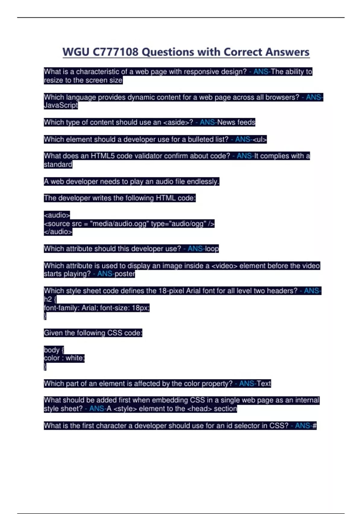 WGU C777108 Questions with Correct Answers - WGU - Stuvia US