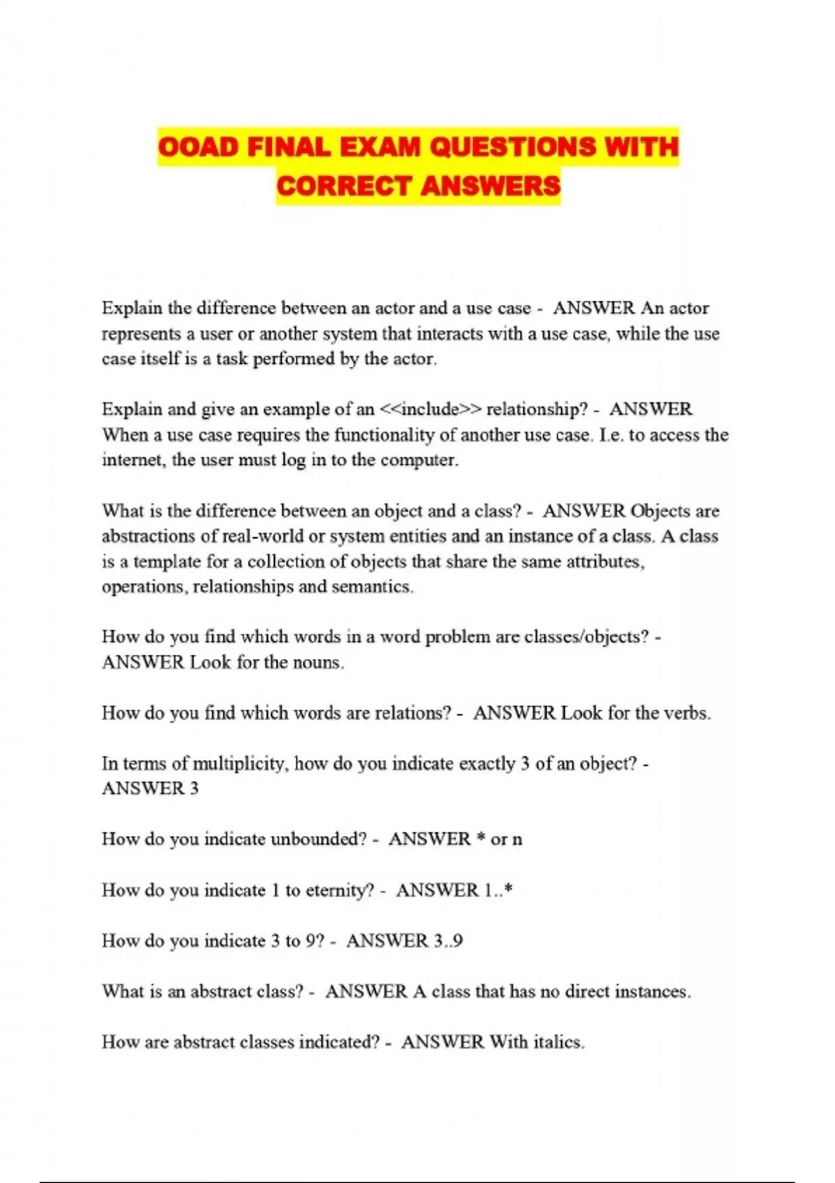 OOAD FINAL EXAM QUESTIONS WITH CORRECT ANSWERS - OOAD - Stuvia US