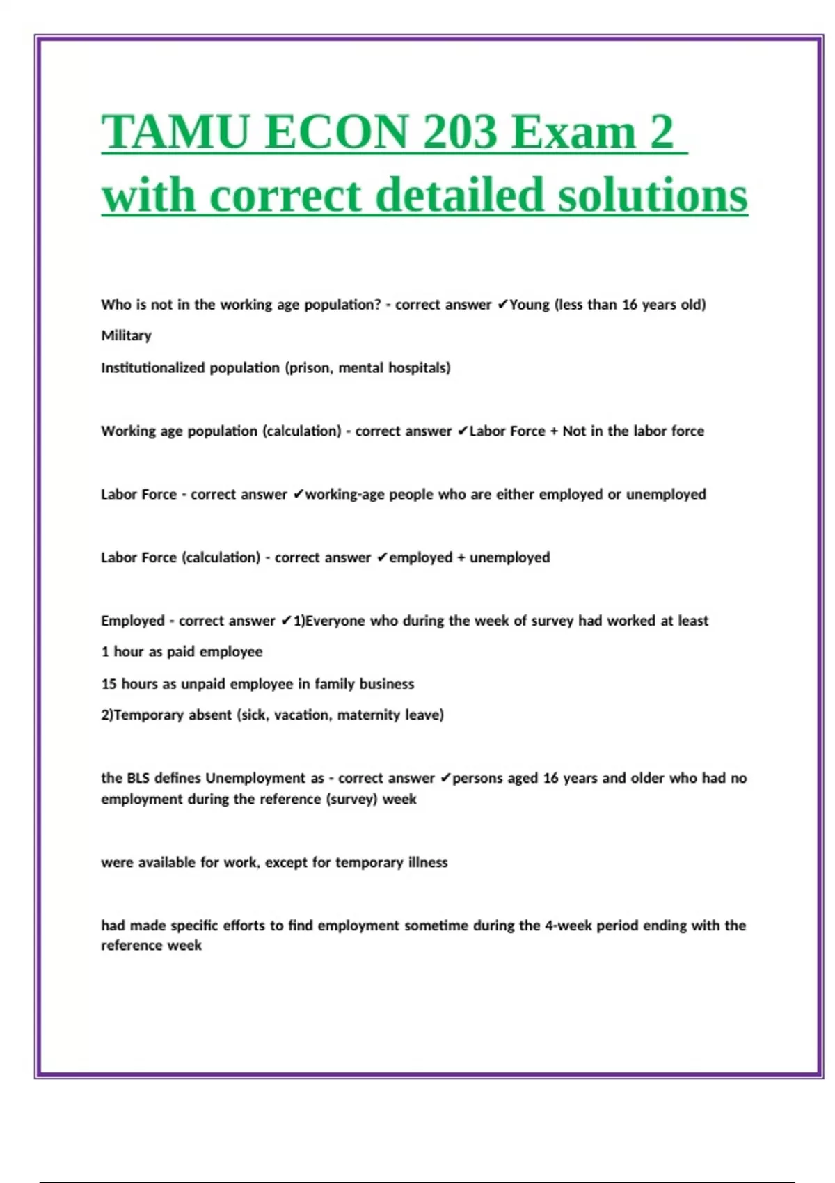 TAMU ECON 203 Exam 2 with correct detailed solutions - ECON 203 - Stuvia US