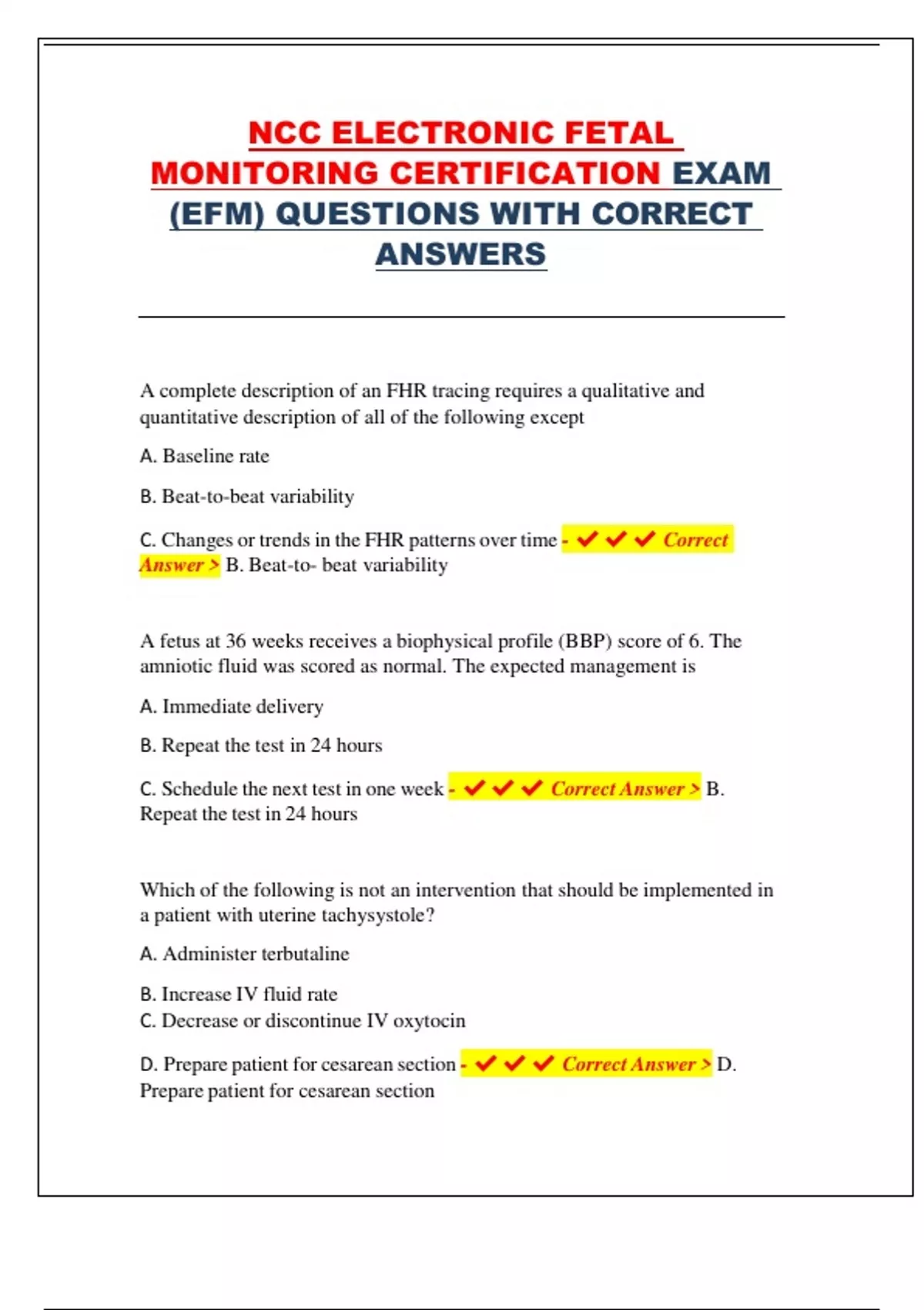 NCC Electronic Fetal Monitoring Certification Exam (EFM) – Practice Questions with Correct ...