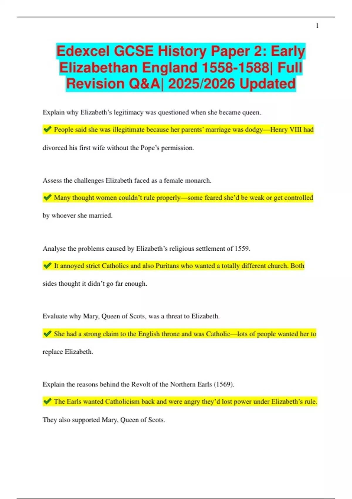 Edexcel GCSE History Paper 2: Early Elizabethan England | Full Revision ...