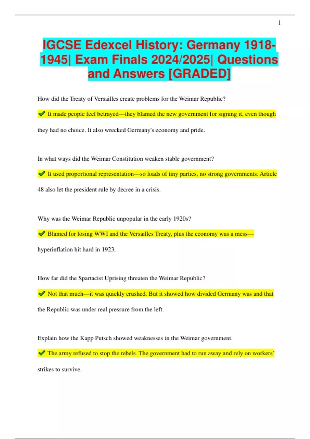 IGCSE Edexcel History: Germany | Exam Finals 2024/2025| Questions and ...