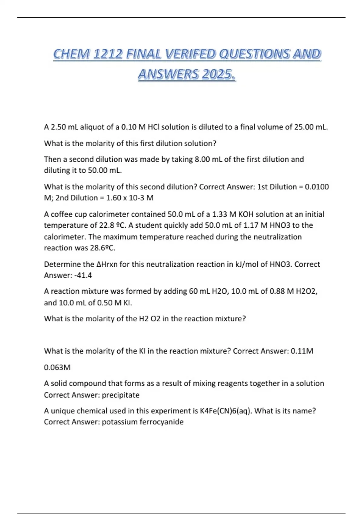 CHEM 1212 FINAL VERIFED QUESTIONS AND ANSWERS 2025. - M-step - Stuvia US