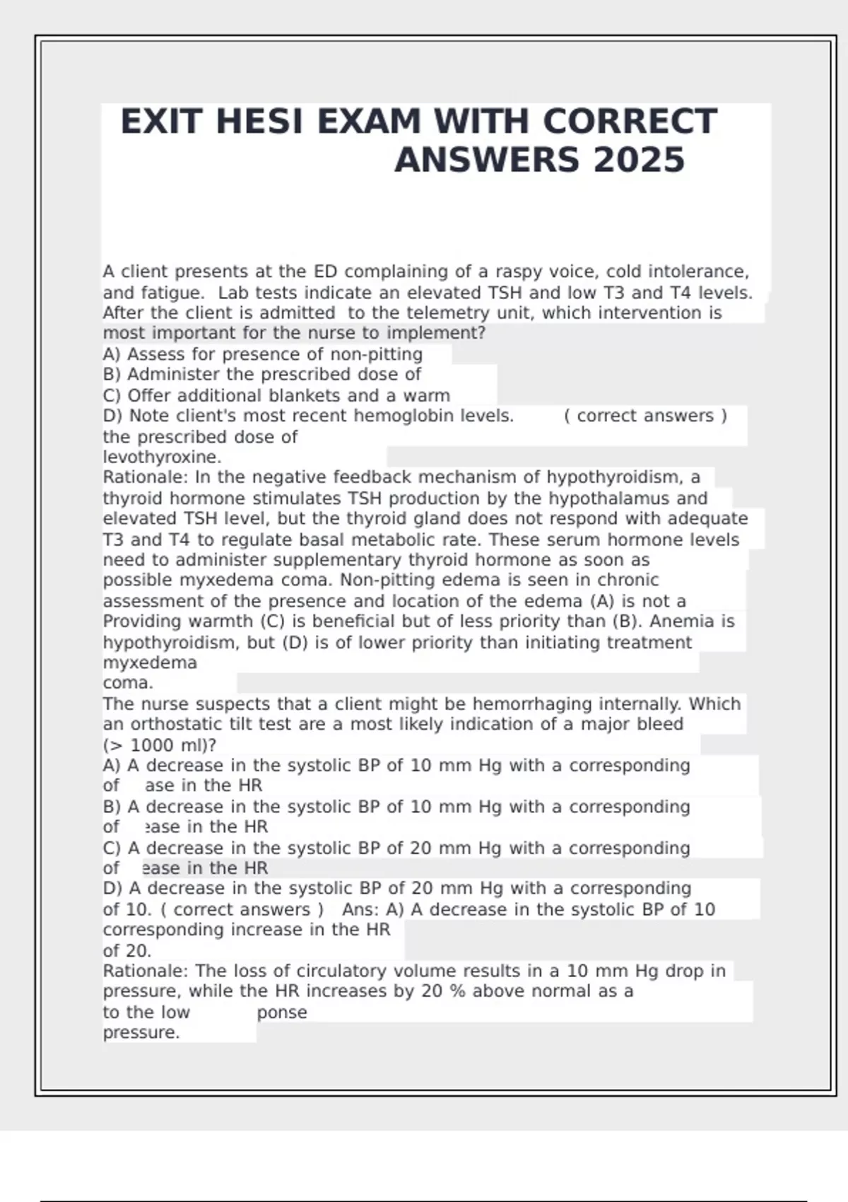 EXIT HESI EXAM WITH CORRECT ANSWERS 2025 - EXIT HESI EXA - Stuvia US