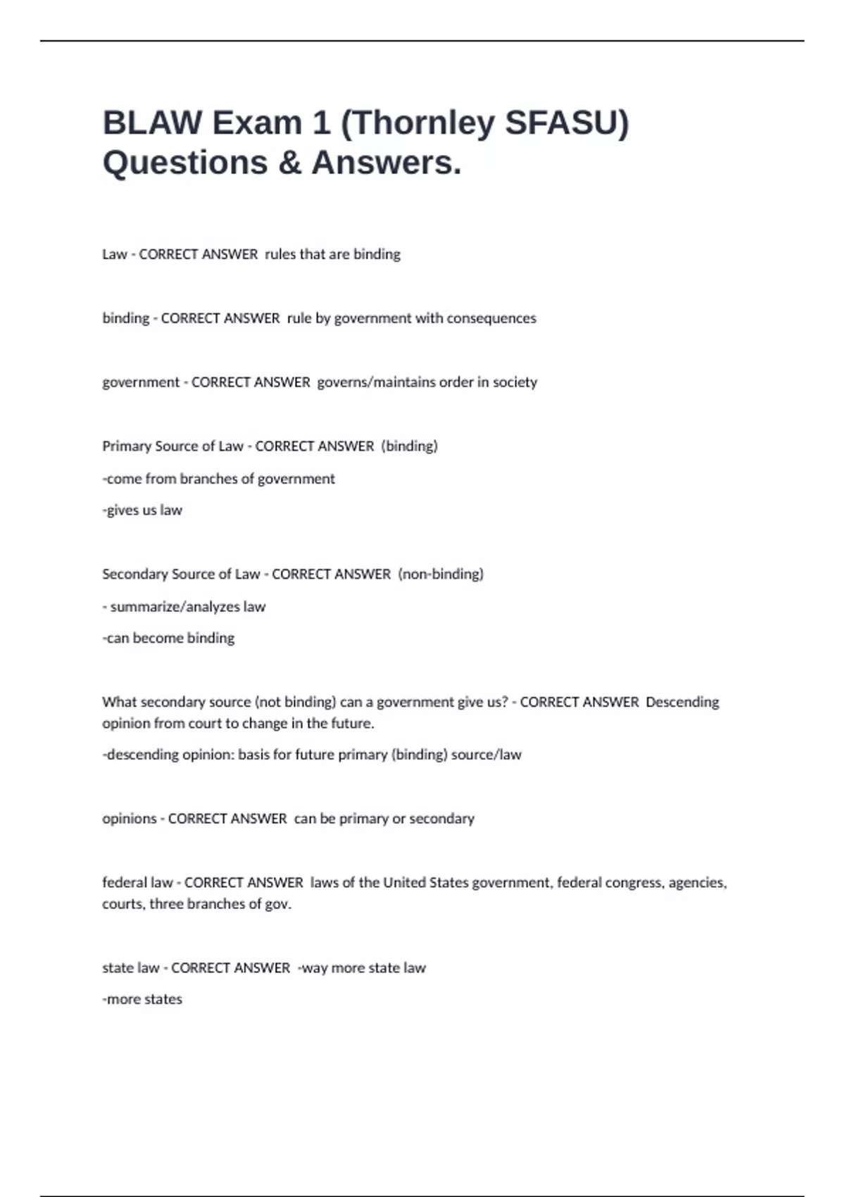 BLAW Exam 1 (Thornley SFASU) Questions & Answers. - BLAW - Stuvia US