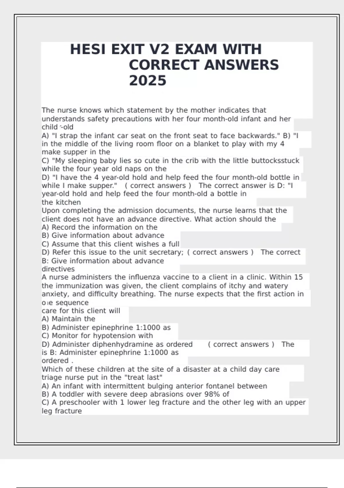 HESI EXIT V2 EXAM WITH CORRECT ANSWERS 2025 - HESI EXIT V2 EXA - Stuvia US