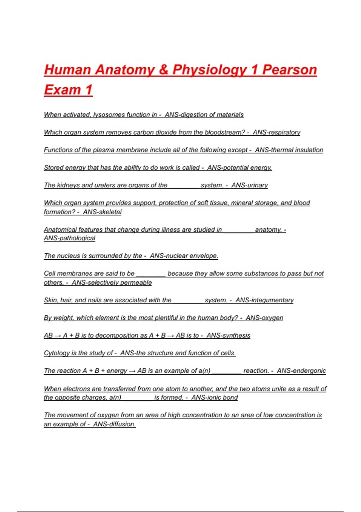 Human Anatomy & Physiology 1 Pearson Exam 1 Questions with correct ...