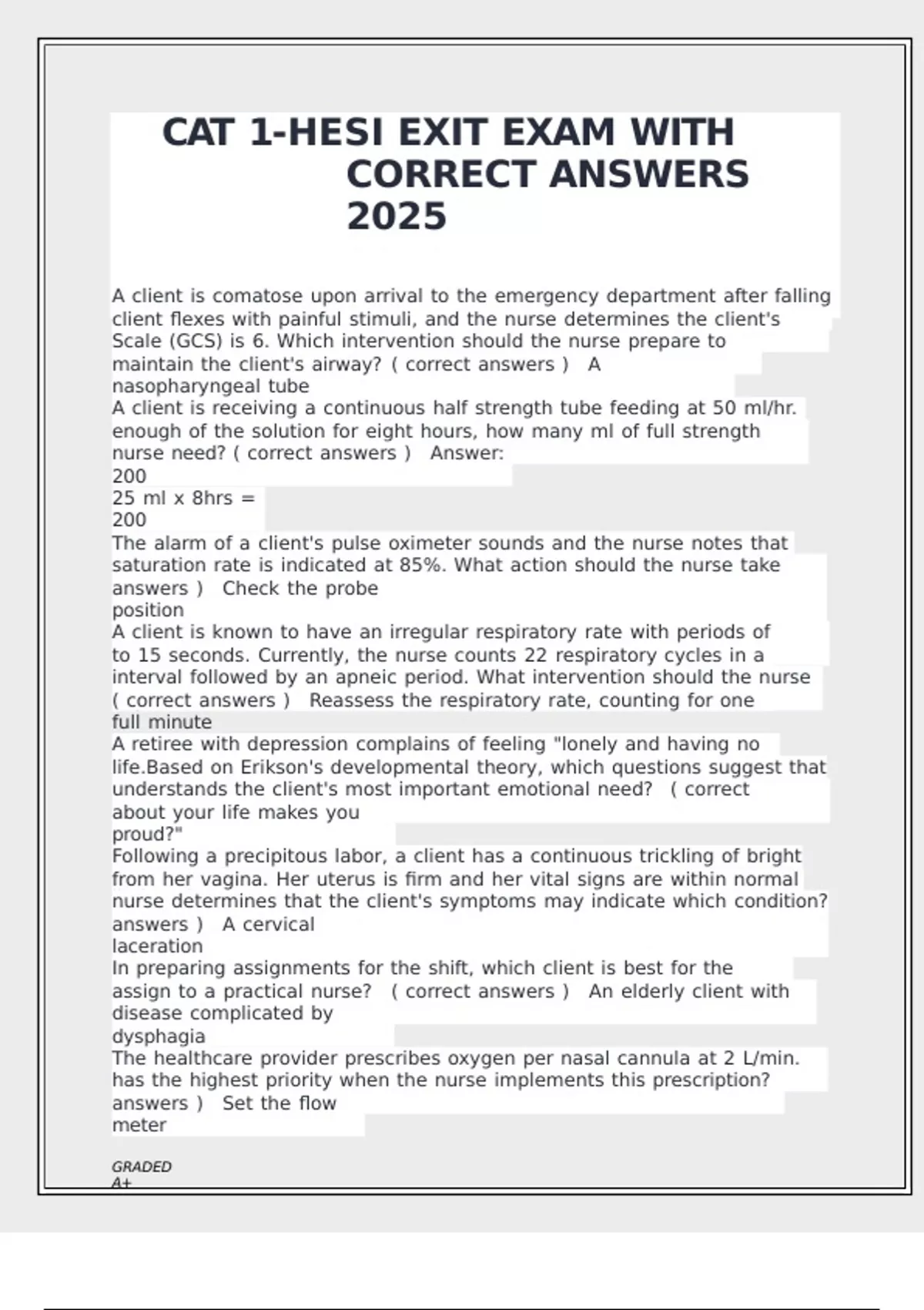 CAT 1-HESI EXIT EXAM WITH CORRECT ANSWERS 2025 - CAT 1-HESI EXIT EXA ...