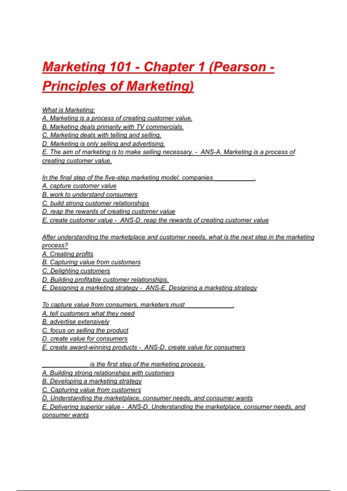 Marketing 101 - Chapter 1 (Pearson - Principles of Marketing) Questions ...