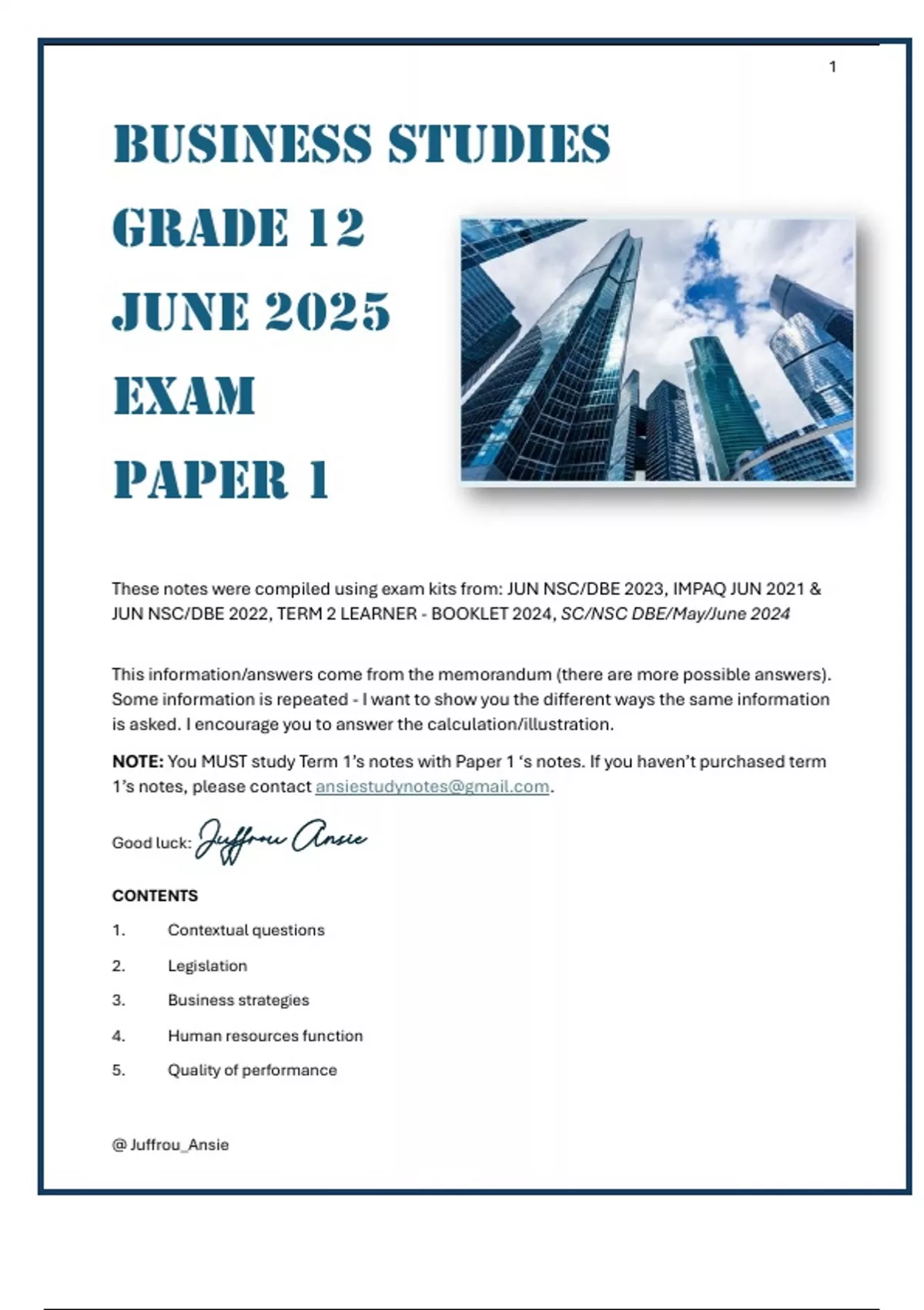 Summary Gr 12 Business Studies Paper 1 June 2025 - Business Studies ...