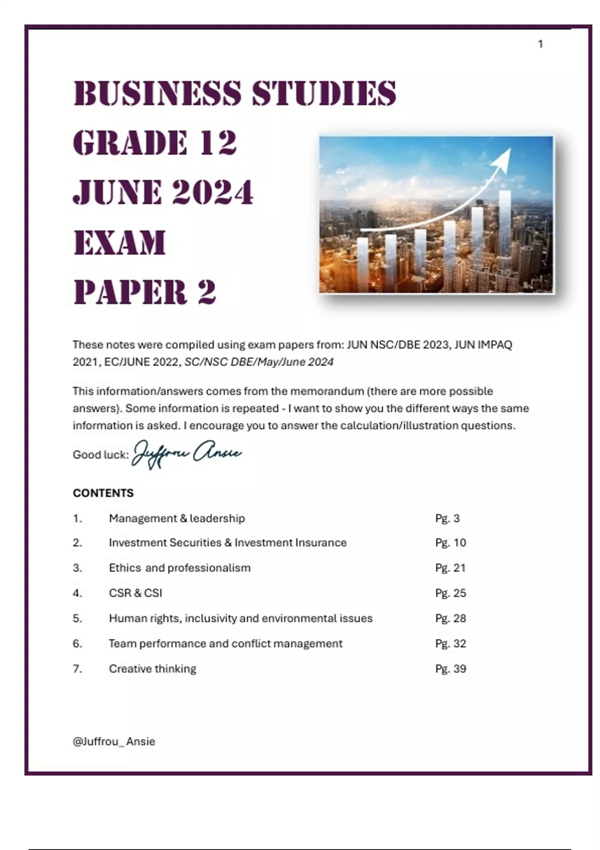 Summary Gr 12 Business studies Paper 2 June 2025 - Business Studies ...