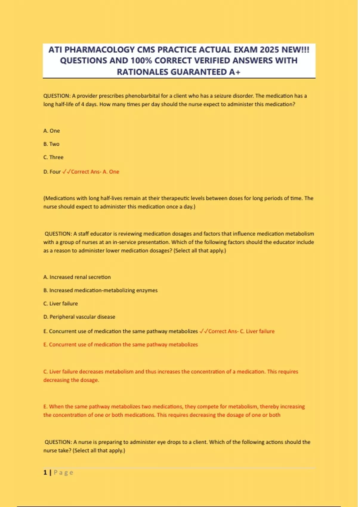 ATI PHARMACOLOGY CMS PRACTICE ACTUAL EXAM 2025 NEW!!! QUESTIONS AND 100 ...