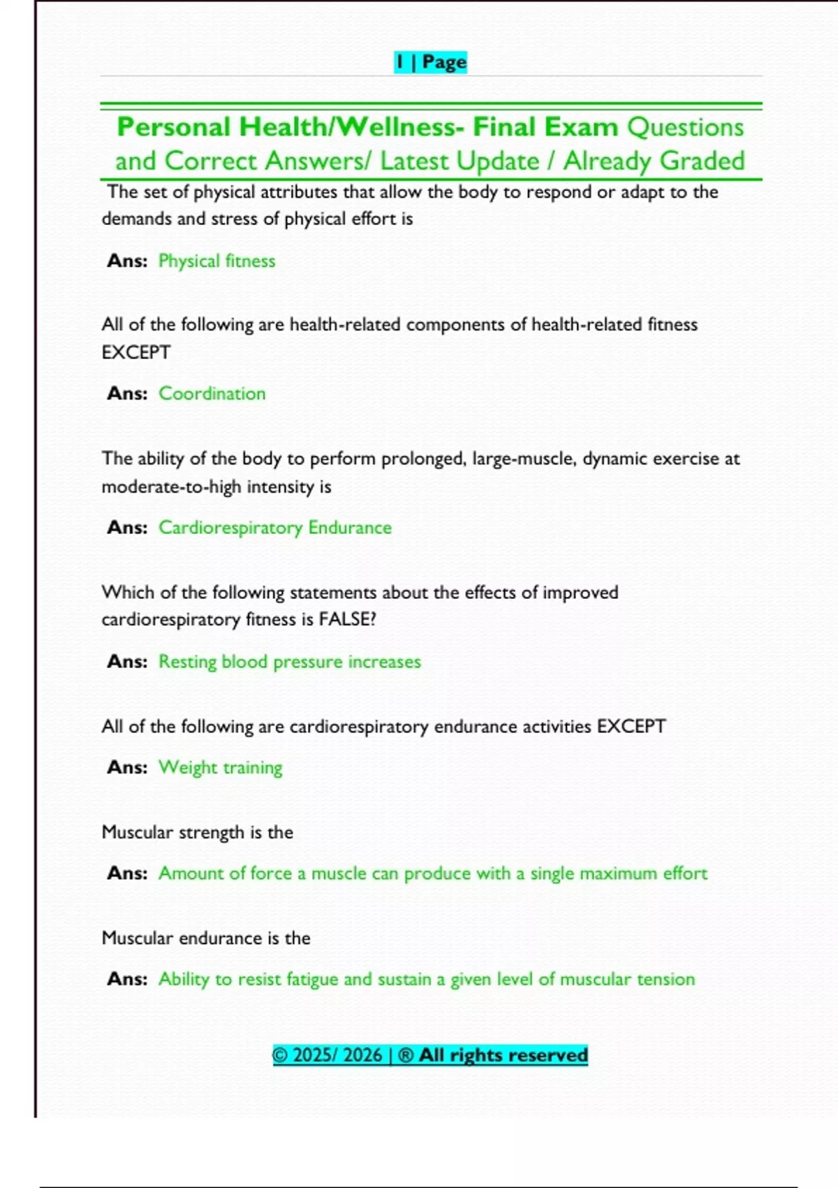 Personal Health & Wellness – Final Exam Questions and Correct Answers ...