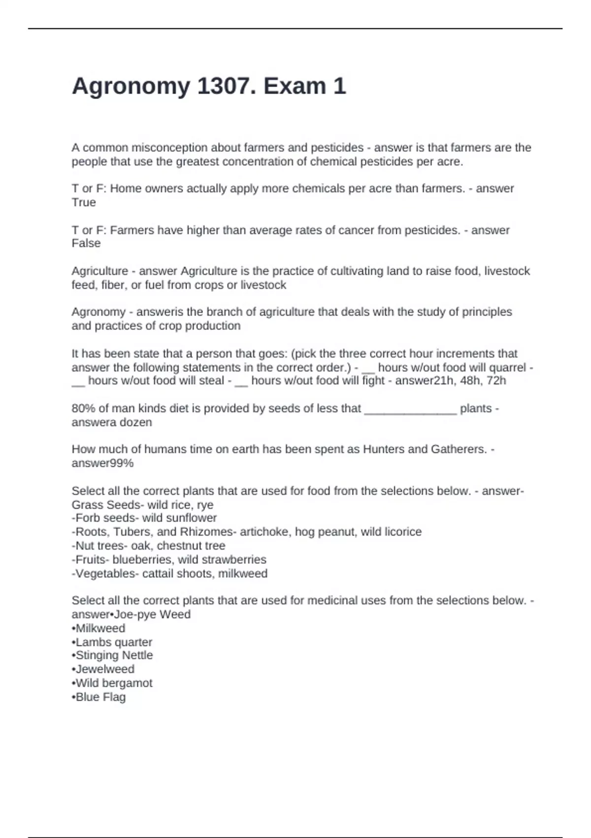 Agronomy 1307. Exam 1 Questions and Answers 2025 - Agronomy - Stuvia US