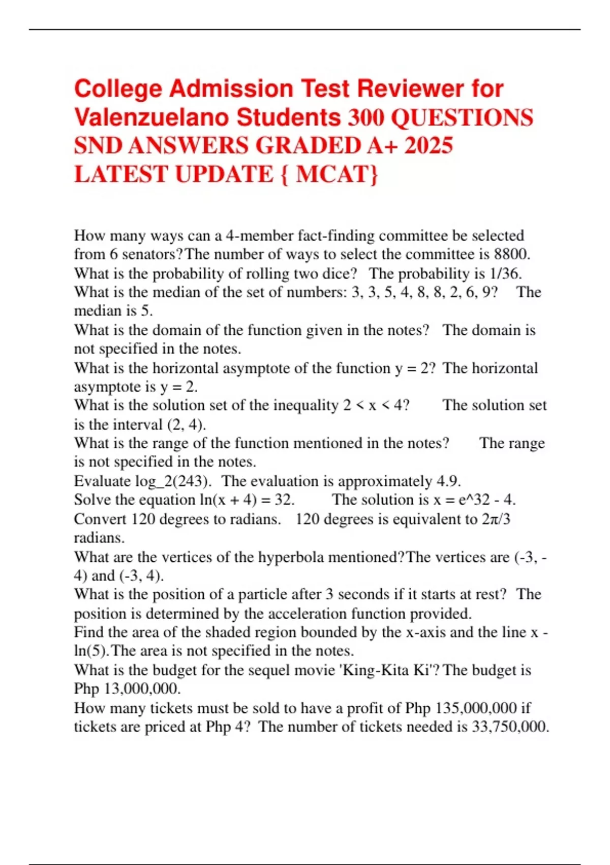 College Admission Test Reviewer for Valenzuelano Students 300 QUESTIONS ...