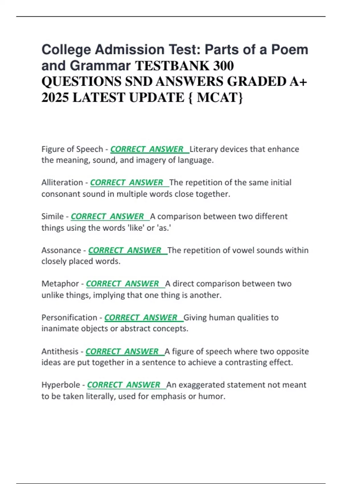 College Admission Test: Parts of a Poem and Grammar TESTBANK 300 ...