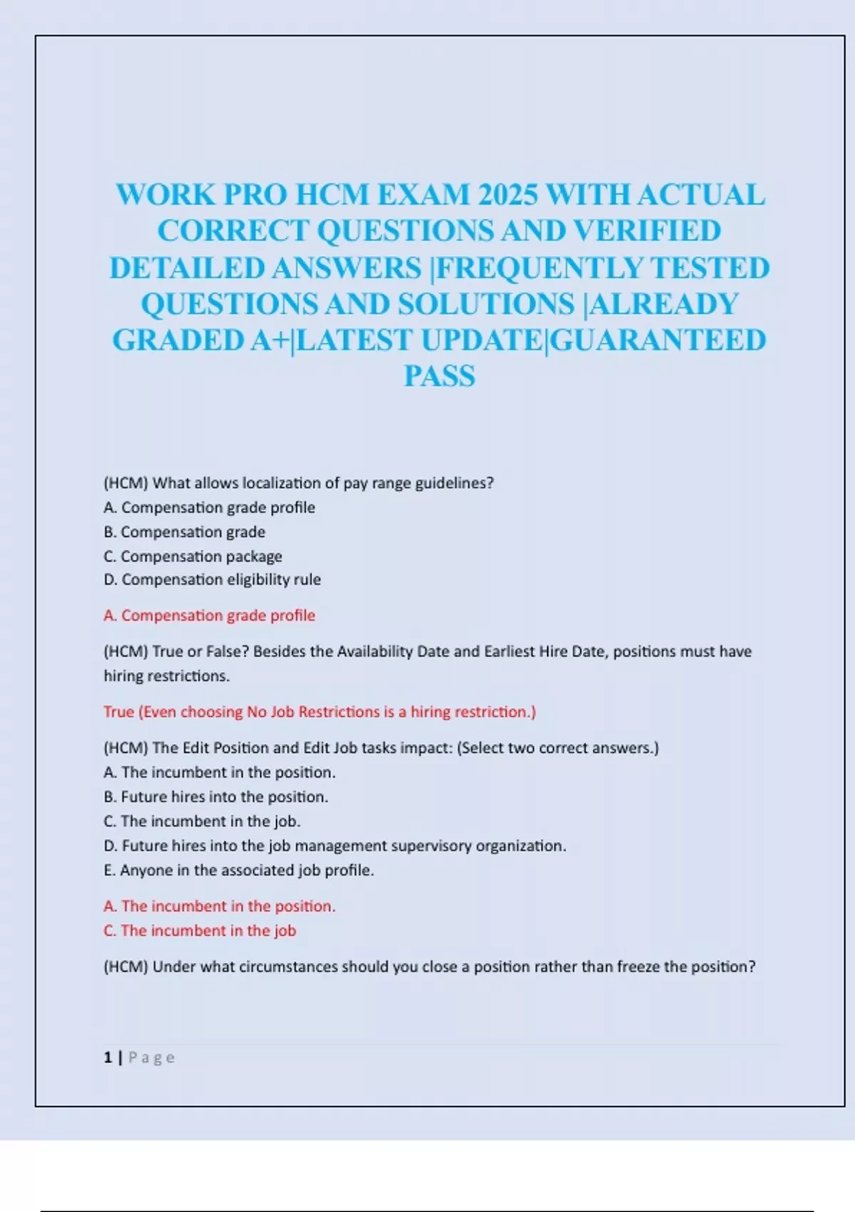 WORK PRO HCM EXAM 2025 WITH ACTUAL CORRECT QUESTIONS AND VERIFIED ...