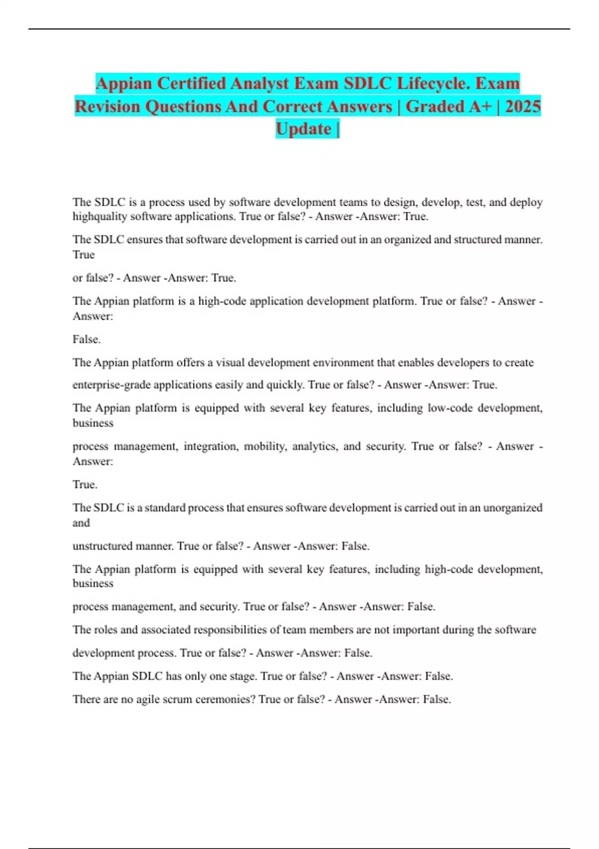 Appian Certified Analyst Exam SDLC Lifecycle. Exam Revision Questions ...