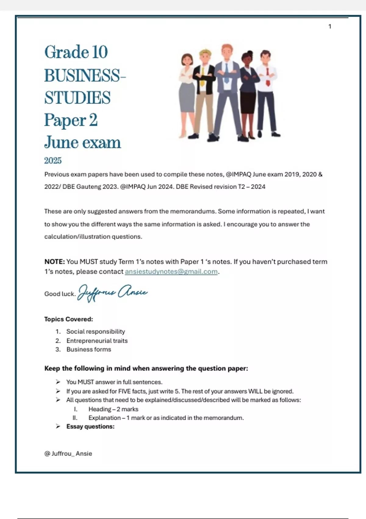 Summary Gr 10 Business Studies Paper 2 June 2025 Business Studies