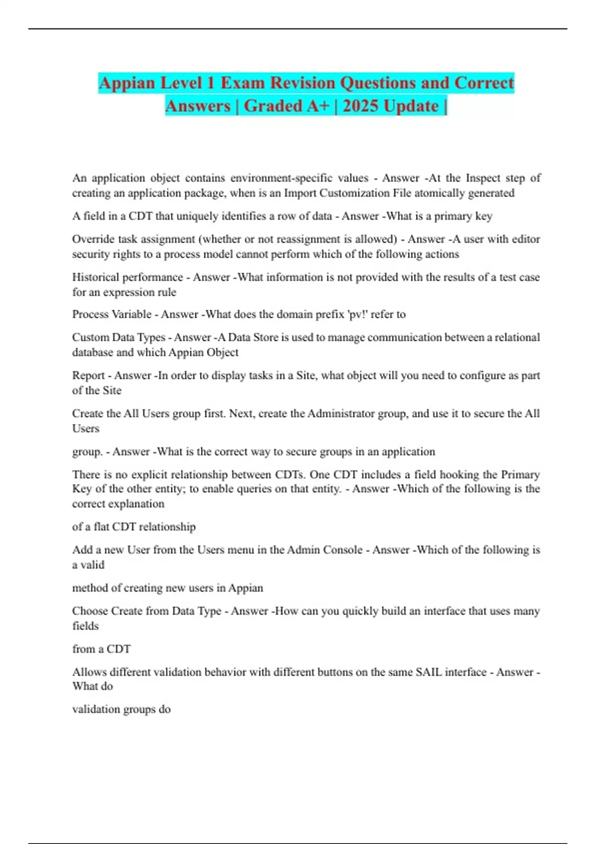 Appian Level 1 Exam Revision Questions and Correct Answers | Graded A+ ...