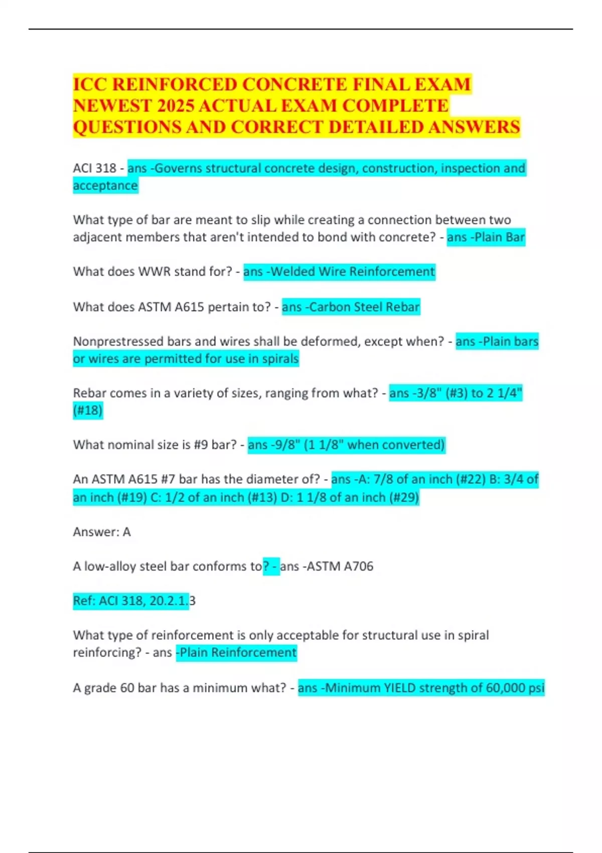 ICC REINFORCED CONCRETE FINAL EXAM NEWEST 2025 ACTUAL EXAM COMPLETE QUESTIONS AND CORRECT ...